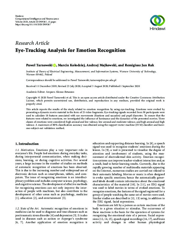 (PDF) Eye-Tracking Analysis for Emotion Recognition | Andrzej Majkowski ...