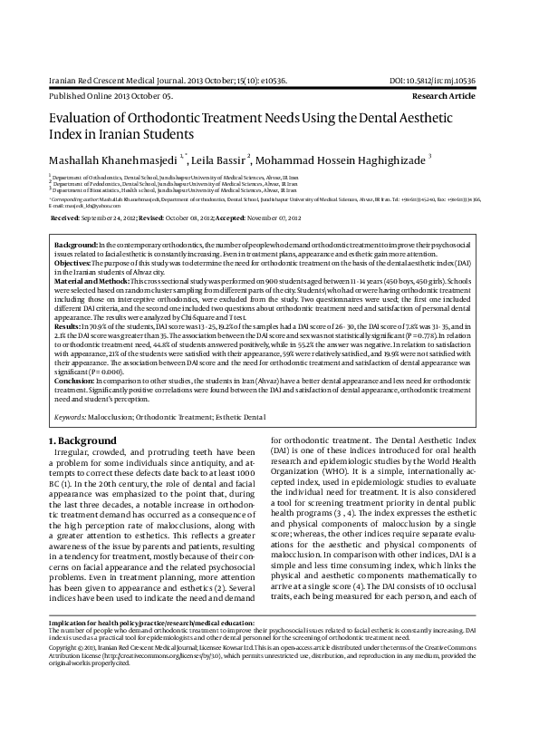 (PDF) Evaluation of Orthodontic Treatment Needs Using the Dental ...