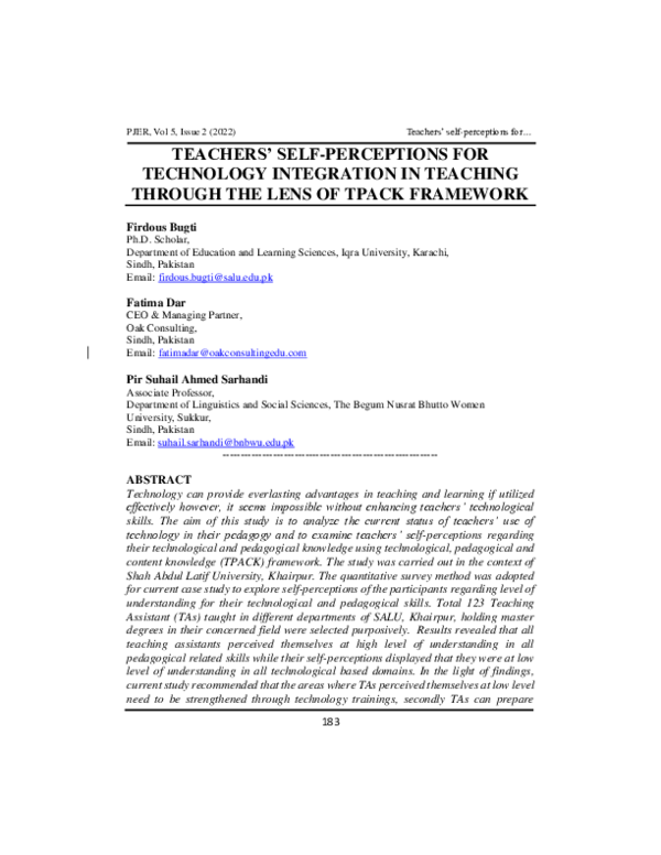 (PDF) Teachers’ Self-Perceptions for Technology Integration in Teaching Through the Lens of ...