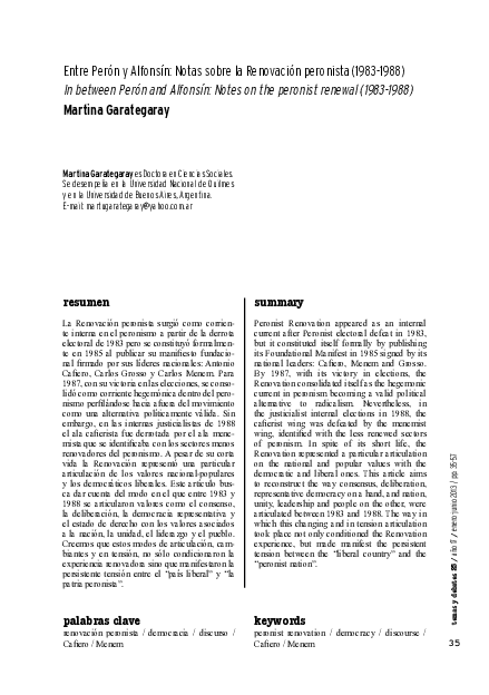(PDF) In between Perón and Alfonsín: Notes on the peronist renewal ...