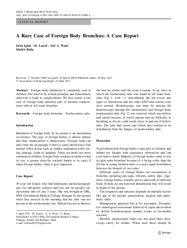 (PDF) A Rare Case of Foreign Body Bronchus: A Case Report | Irfan Iqbal ...