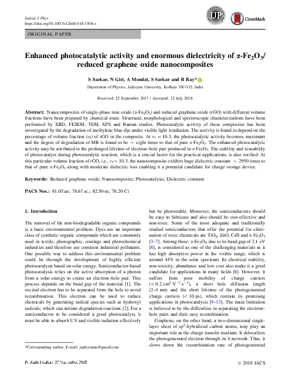 (PDF) Enhanced photocatalytic activity and enormous dielectricity of α-Fe2O3/reduced graphene ...