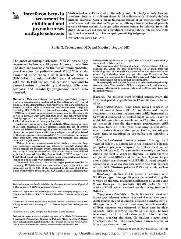 (PDF) Interferon beta-1a treatment in childhood and juvenile-onset ...