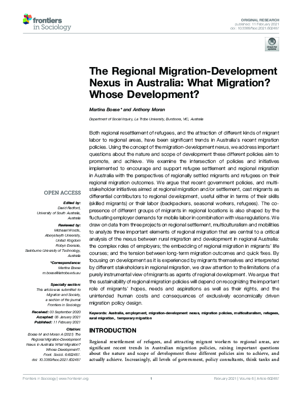 (PDF) The Regional Migration-Development Nexus in Australia: What Migration? Whose Development ...