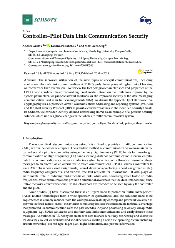 (PDF) Controller–Pilot Data Link Communication Security | Tatiana Polishchuk - Academia.edu