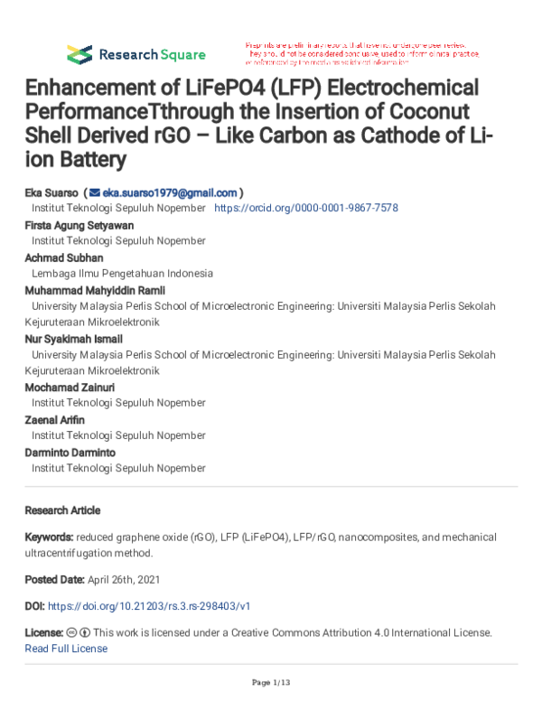 (PDF) Enhancement of LiFePO4 (LFP) Electrochemical PerformanceTthrough the Insertion of Coconut ...