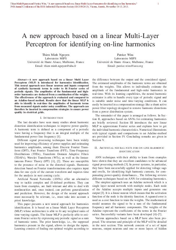 (PDF) A new approach based on a linear Multi-Layer Perceptron for identifying on-line harmonics