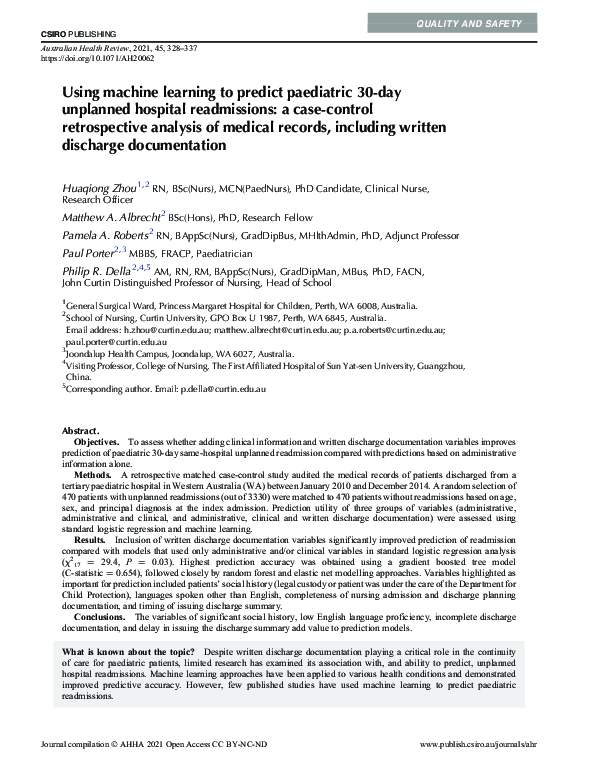 (PDF) Using machine learning to predict paediatric 30-day unplanned hospital readmissions: a ...