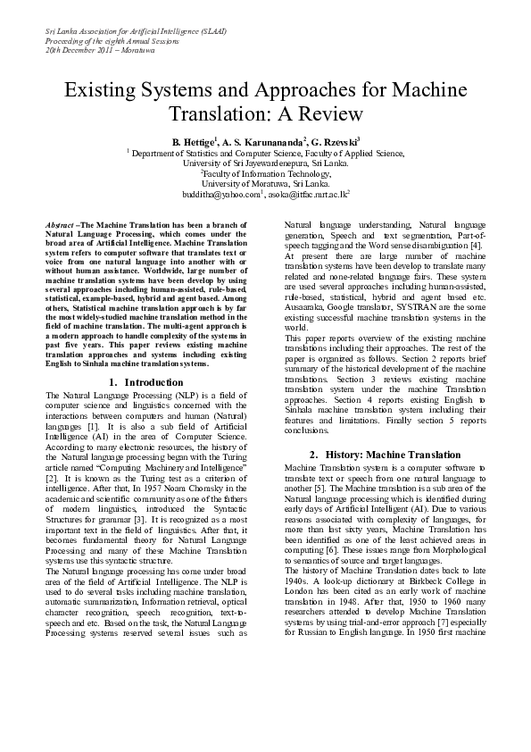 (PDF) Existing systems and approaches for machine translation : a review