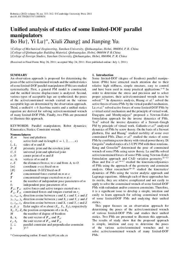 (PDF) Unified analysis of statics of some limited-DOF parallel manipulators