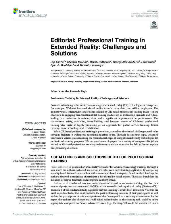 (PDF) Editorial: Professional Training in Extended Reality: Challenges ...
