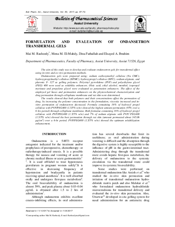 (PDF) Formulation and Evaluation of Ondansetron Transdermal Gels