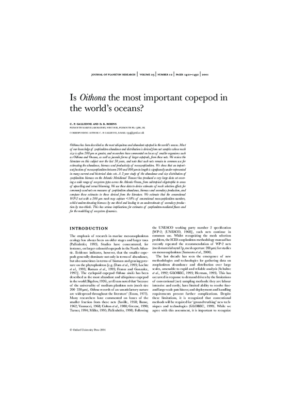 (PDF) Is Oithona the most important copepod in the world's oceans?