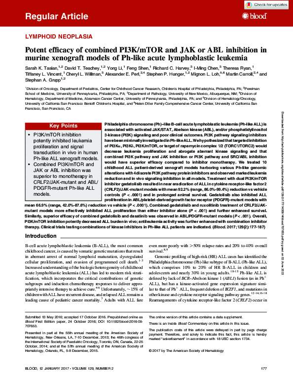 (PDF) Potent efficacy of combined PI3K/mTOR and JAK or ABL inhibition in murine xenograft models ...