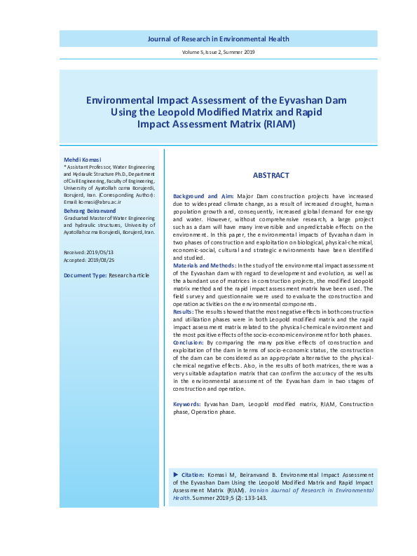 (PDF) Environmental Impact Assessment of the Eyvashan Dam using the ...