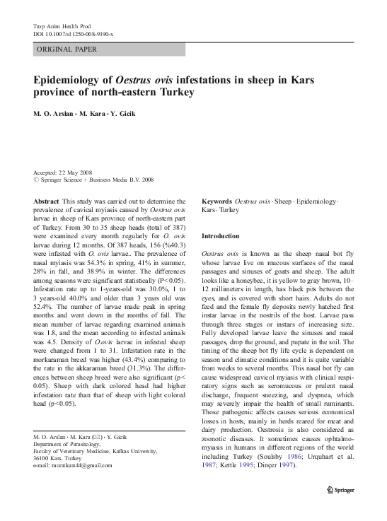 (PDF) Epidemiology of Oestrus ovis infestations in sheep in Kars ...