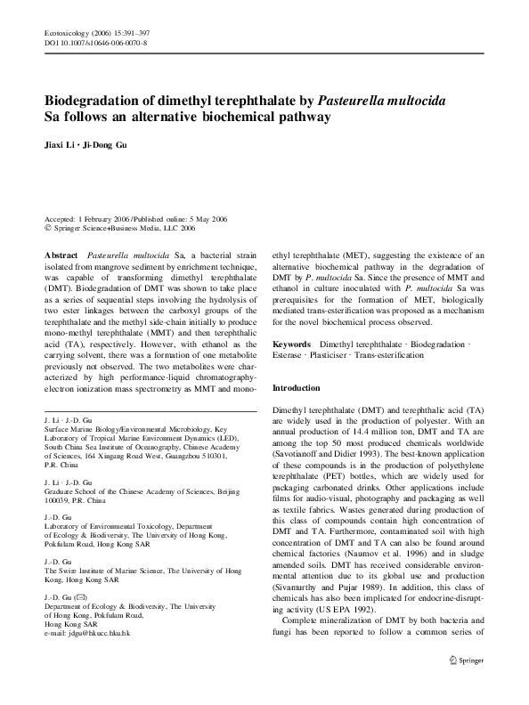 (PDF) Biodegradation of dimethyl terephthalate by Pasteurella multocida ...