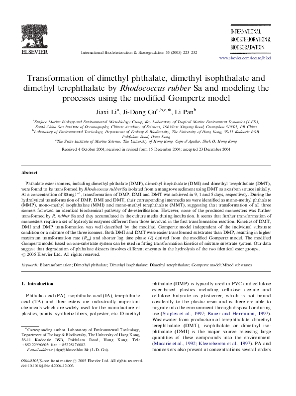 (PDF) Transformation of dimethyl phthalate, dimethyl isophthalate and ...