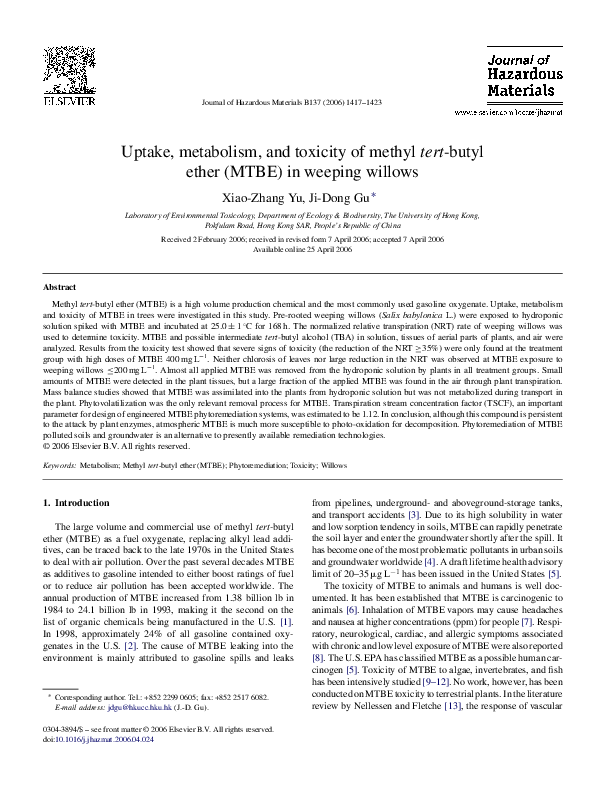 (PDF) Uptake, metabolism, and toxicity of methyl tert-butyl ether (MTBE ...