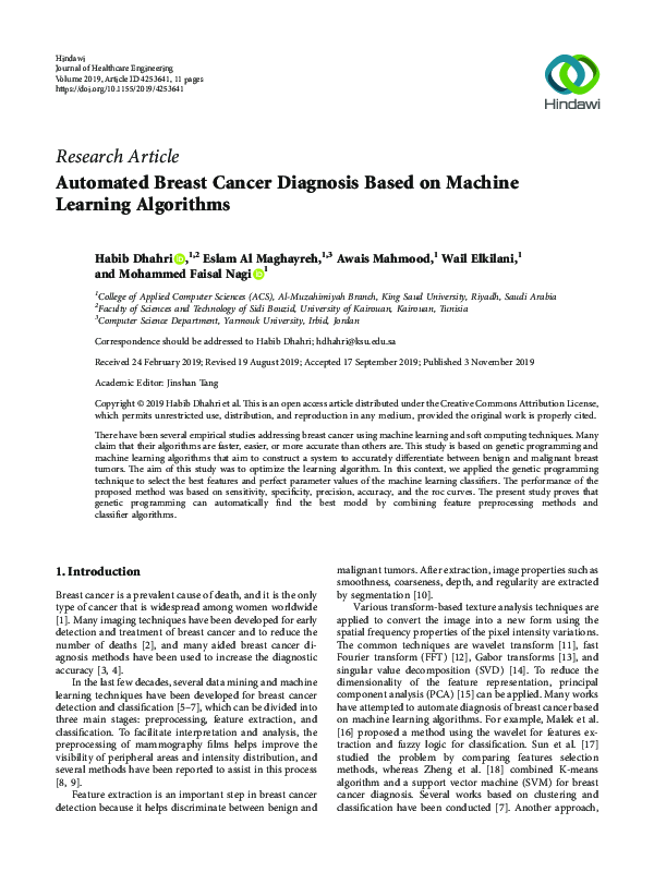 (PDF) Automated Breast Cancer Diagnosis Based on Machine Learning Algorithms | awais mahmood ...