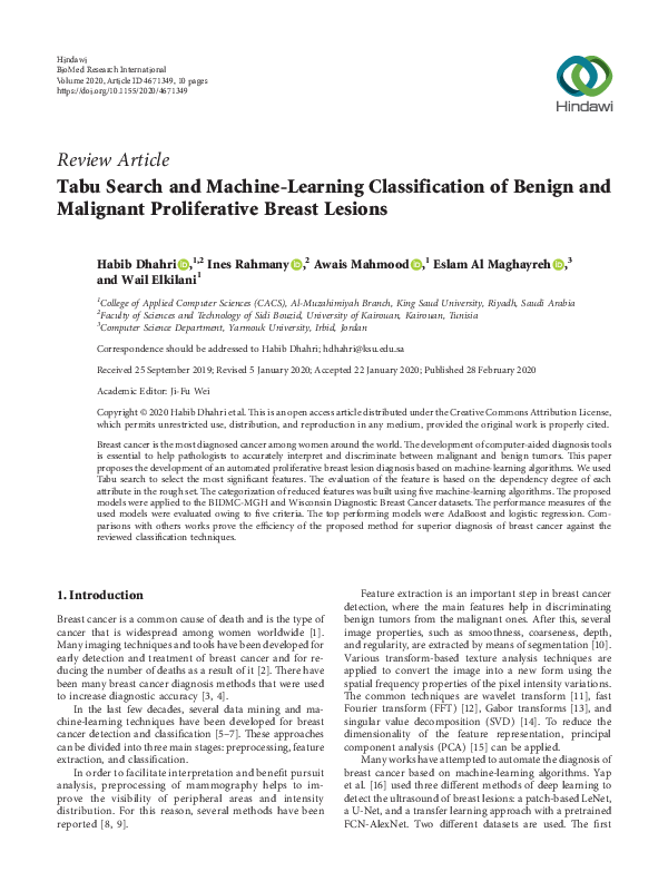 (PDF) Tabu Search and Machine Learning for Breast Lesion Diagnosis