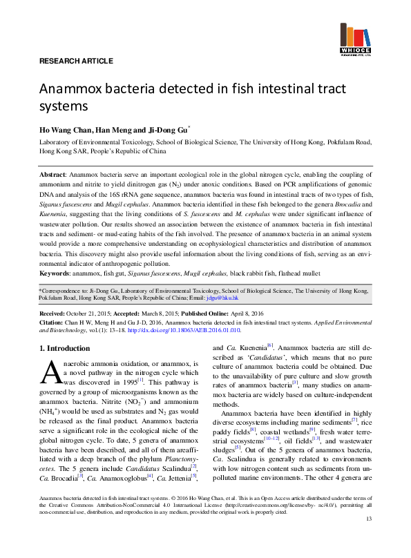 (PDF) Anammox Bacteria Detected in Fish Intestinal Tract Systems