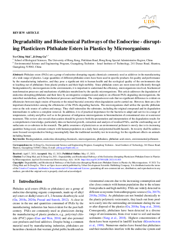(PDF) Degradability and Biochemical Pathways of the Endocrine-disrupting Plasticizers Phthalate ...