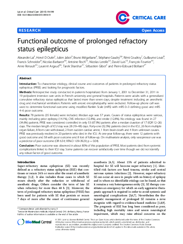 Pdf Functional Outcome Of Prolonged Refractory Status Epilepticus