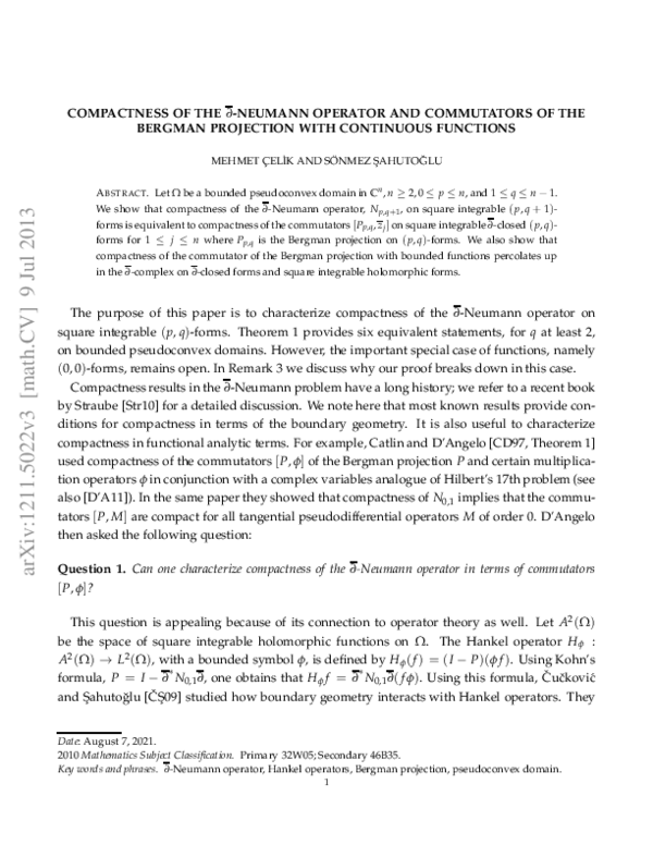 (PDF) Compactness of the -Neumann operator and commutators of the Bergman projection with ...