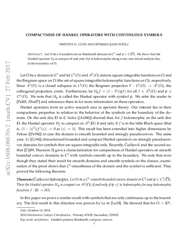 (PDF) Compactness of Hankel Operators with Continuous Symbols