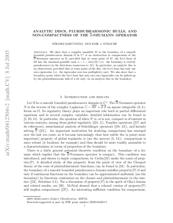 (PDF) Analytic discs, plurisubharmonic hulls, and non-compactness of ...