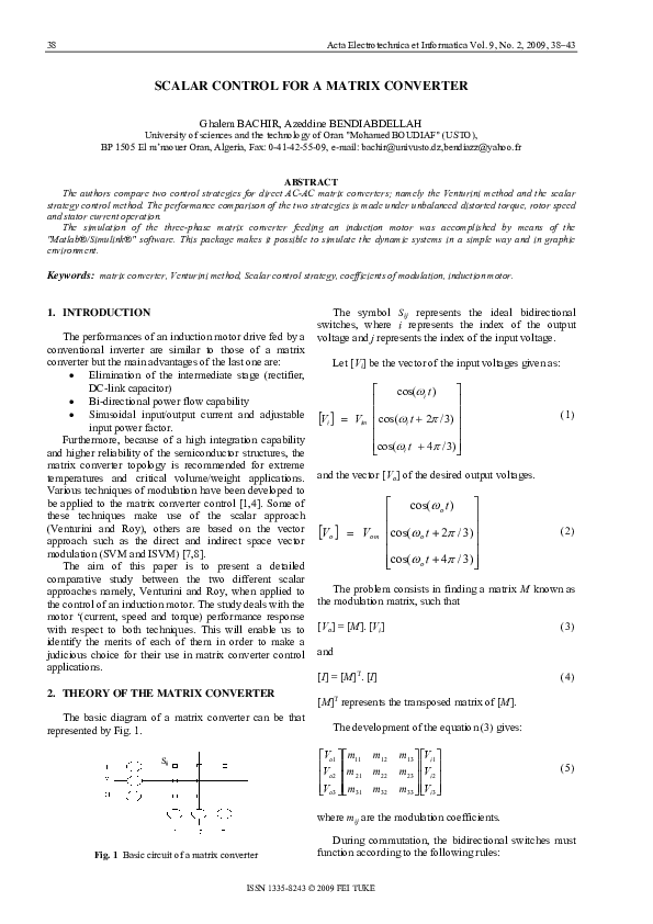 (PDF) Scalar Control for a Matrix Converter