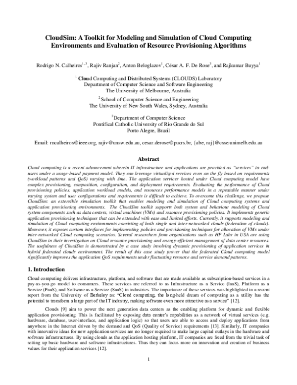 Pdf Cloudsim A Toolkit For Modeling And Simulation Of Cloud Computing Environments And