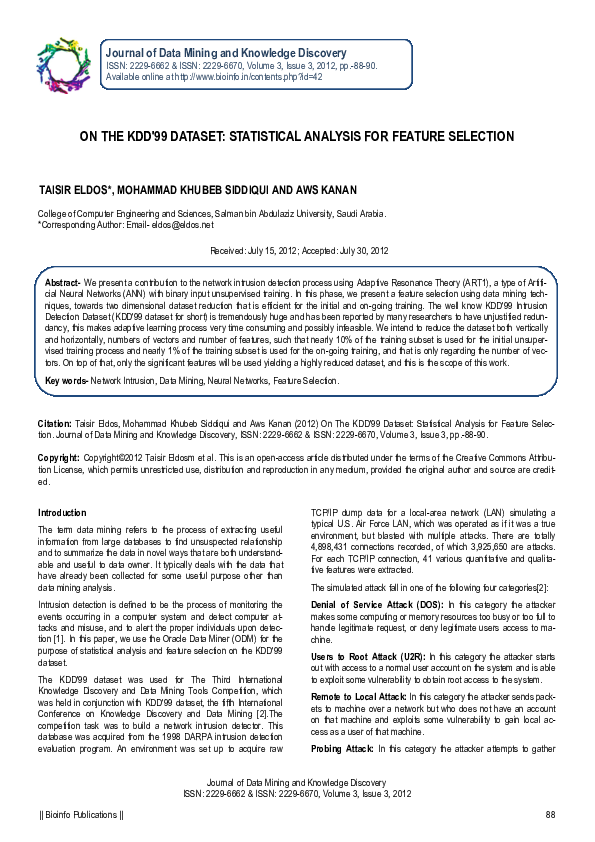 (PDF) On the KDD'99 Dataset: Statistical Analysis for Feature Selection