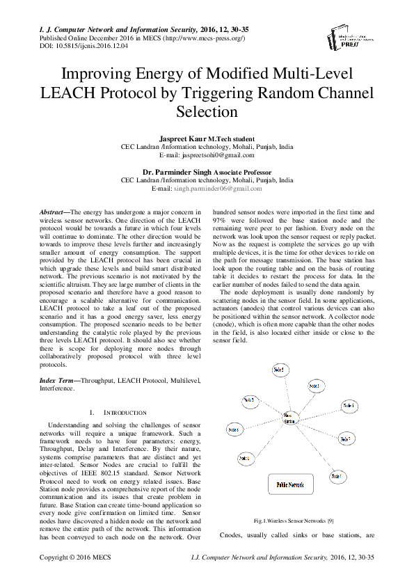 (PDF) Improving Energy of Modified Multi-Level LEACH Protocol by Triggering Random Channel Selection