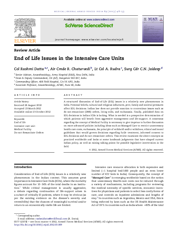 (PDF) End of Life Issues in the Intensive Care Units