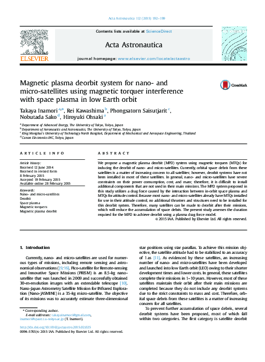 (PDF) Magnetic Plasma Deorbit System for Small Satellites