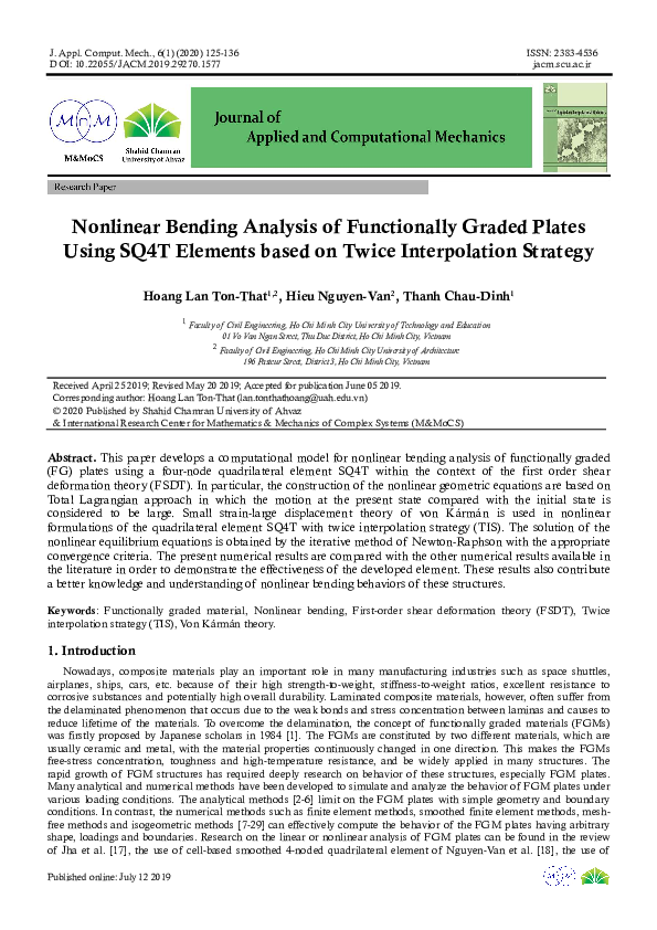 Pdf Nonlinear Static Bending Analysis Of Functionally Graded Plates Using Misq24 Elements With