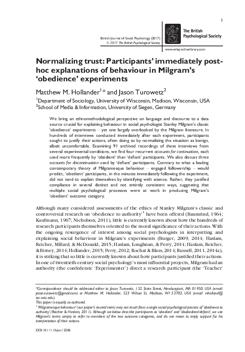 (PDF) Normalizing trust: Participants’ immediately post-hoc ...