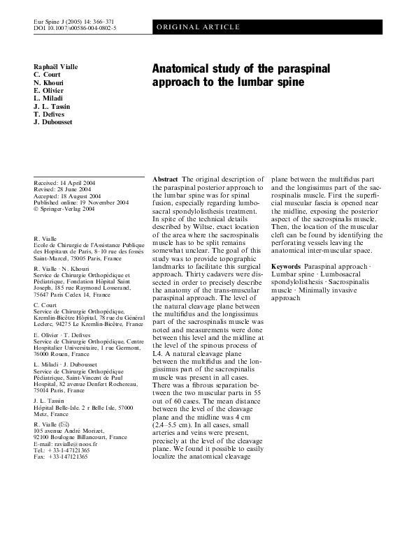 (PDF) Anatomical study of the paraspinal approach to the lumbar spine