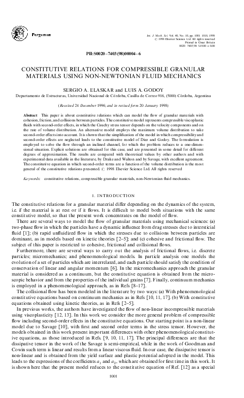 (PDF) Constitutive relations for compressible granular materials using non-Newtonian fluid mechanics