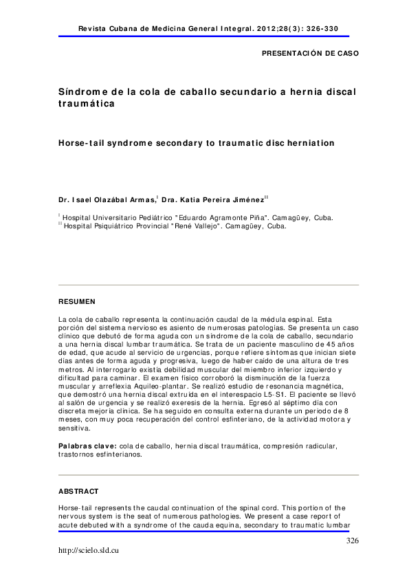 (PDF) Horse-tail syndrome secondary to traumatic disc herniation