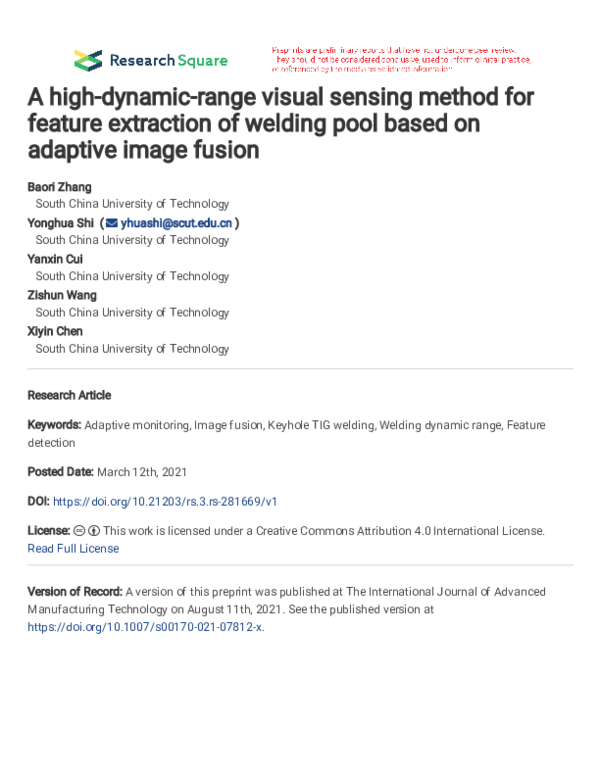 (PDF) A high-dynamic-range visual sensing method for feature extraction of welding pool based on ...