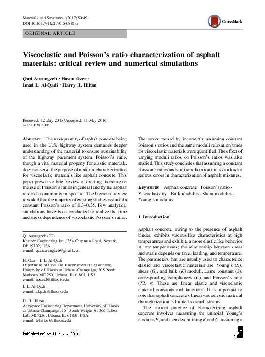 (PDF) Viscoelastic and Poisson’s ratio characterization of asphalt materials: critical review ...