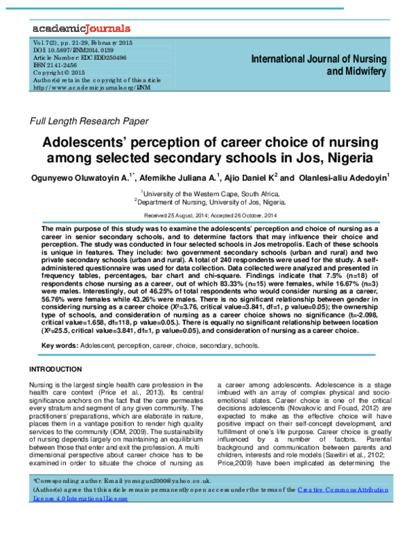 (PDF) Adolescents perception of career choice of nursing among selected ...
