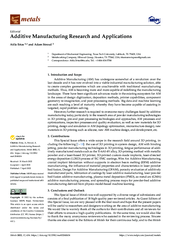(PDF) Additive Manufacturing Research and Applications