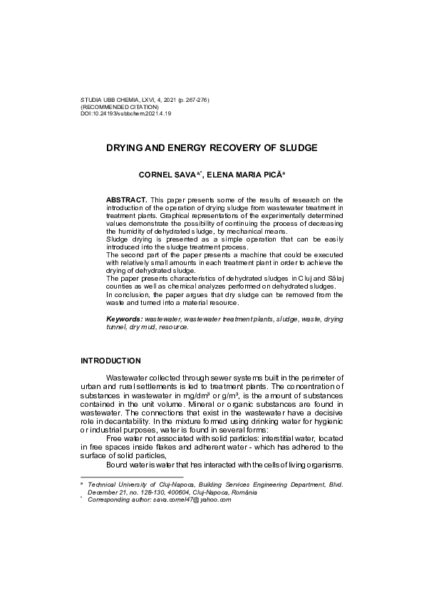 (PDF) Drying and energy recovery of sludge