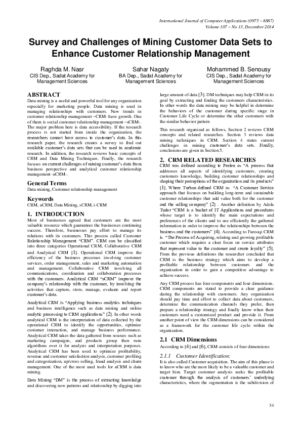 (PDF) Survey and Challenges of Mining Customer Data Sets to Enhance Customer Relationship Management