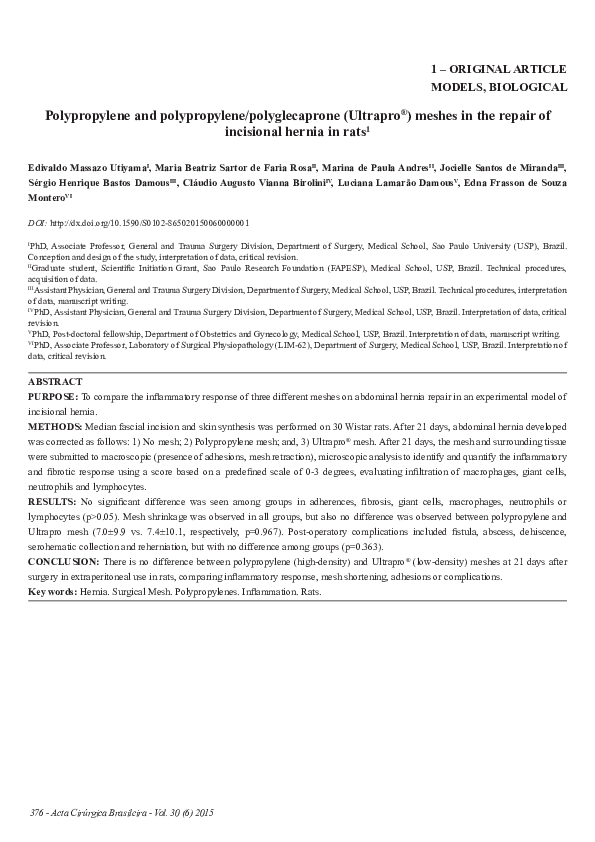 (PDF) Repairing Incisional Hernias with Polypropylene Mesh in Rats