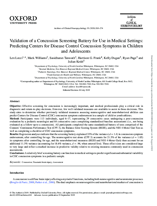 (PDF) Validation of a Concussion Screening Battery for Use in Medical ...